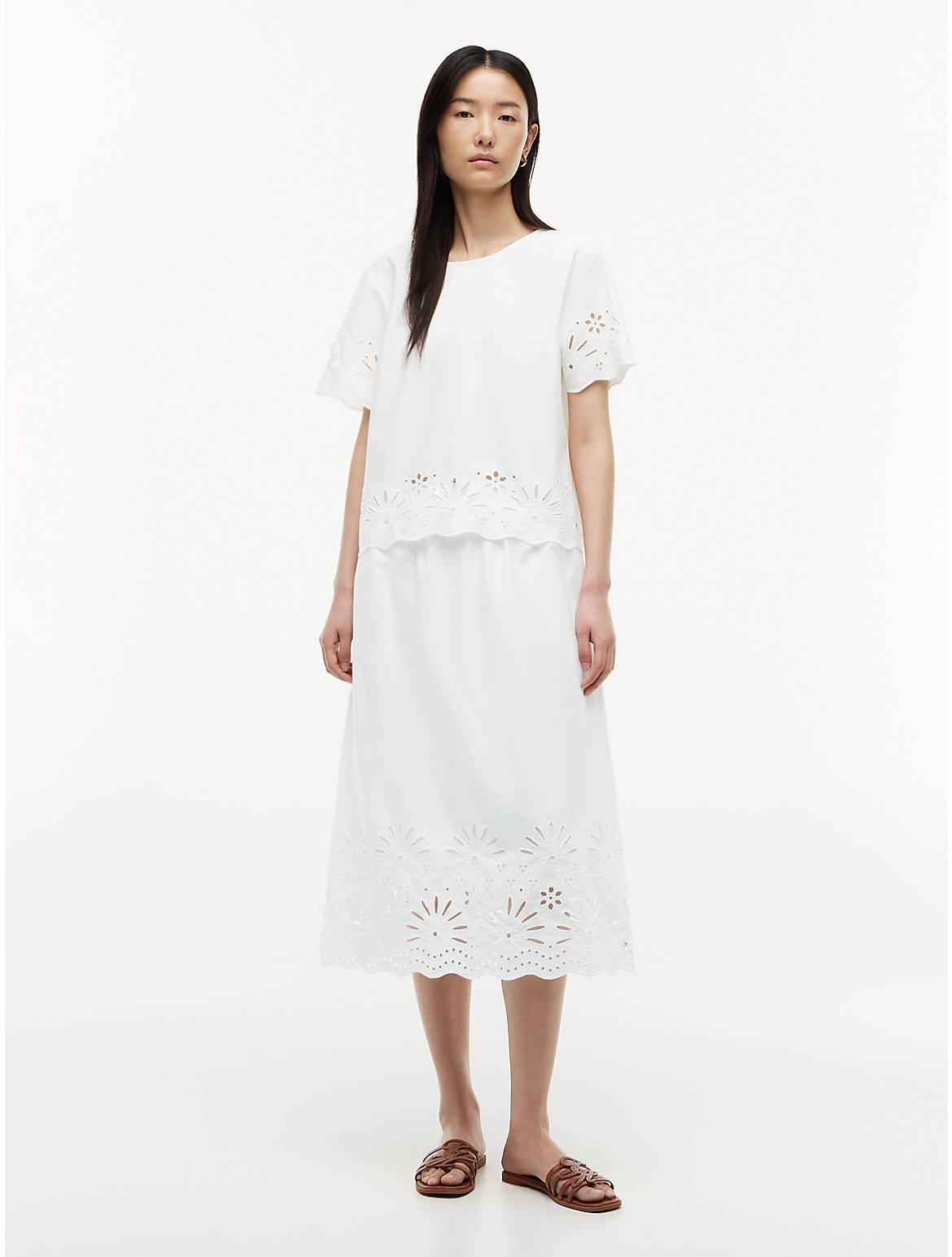 TOMMY HILFIGER Embroidered Eyelet Poplin Midi Skirt